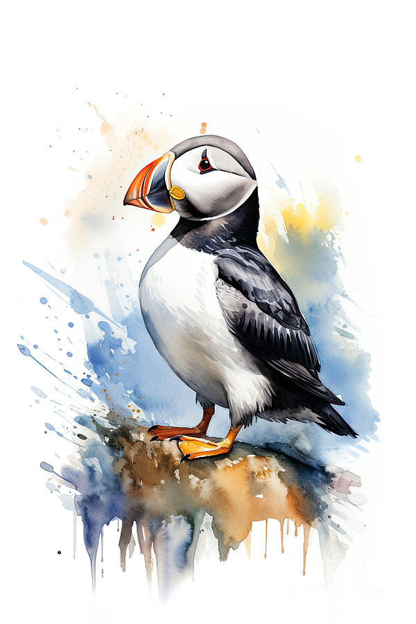 Atlantic puffin, Fratercula arctica, known as the clown of the sea. Side profile digital ...