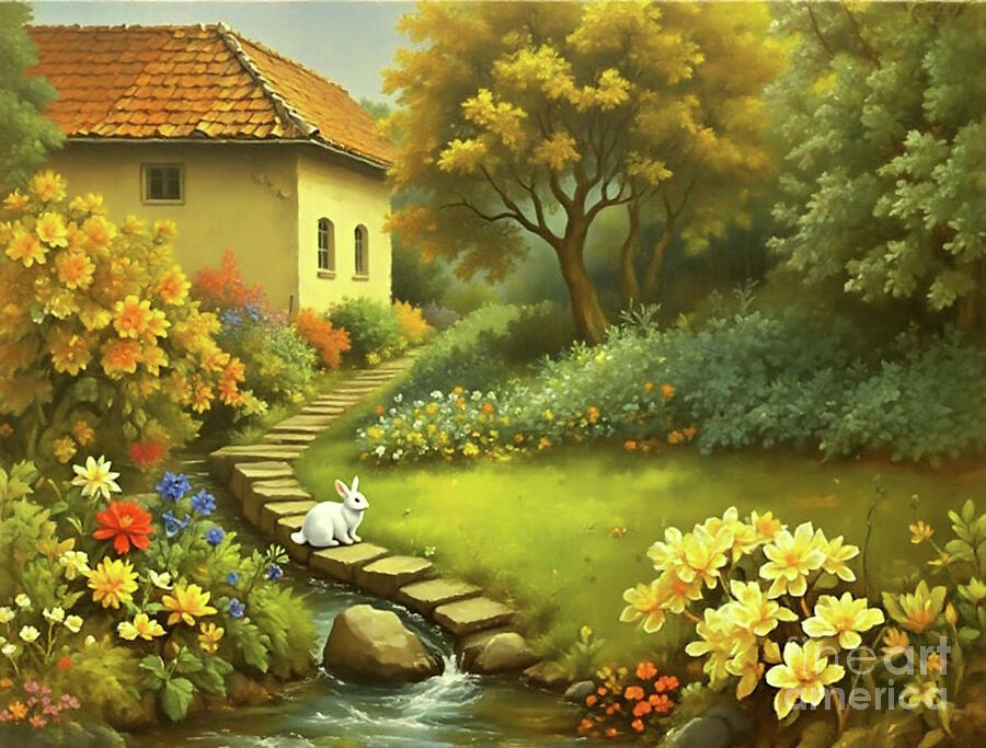 BACK YARD Vintage Theme Digital Landscape Art Print by Sandra Young Servis