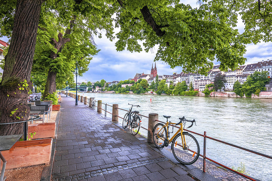 Basel. Rhine river green waterfront and Basel Minster view Photograph ...