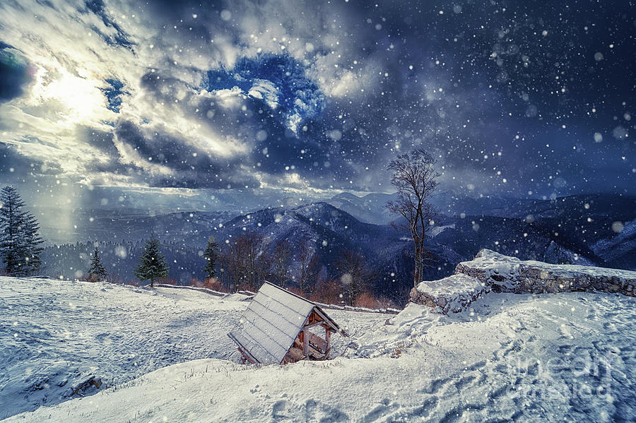 Beautiful mountain snowy landscape and snow covered trees. Photograph ...
