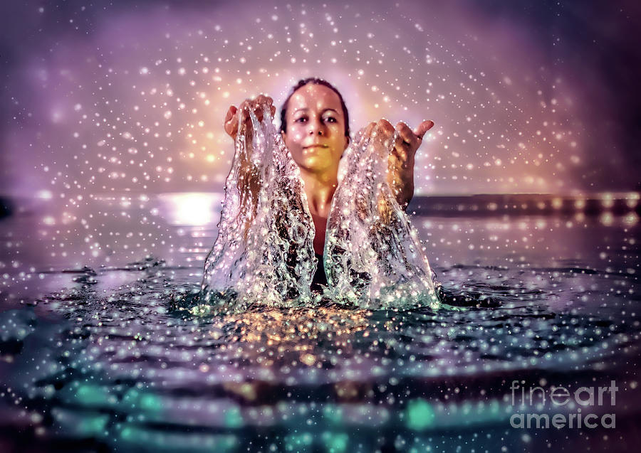 Beautiful Woman Splashing Water In Swimming Pool Artist Effect Mixed