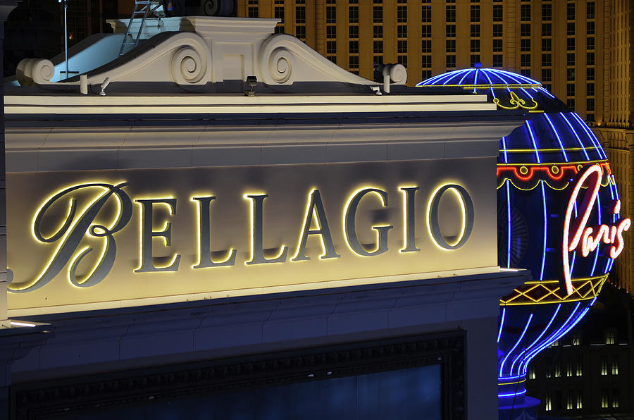 Bellagio Hotel Marquee Sign Flanked By Paris Neon Balloon Las Vegas Nevada Photograph by Shawn O ...