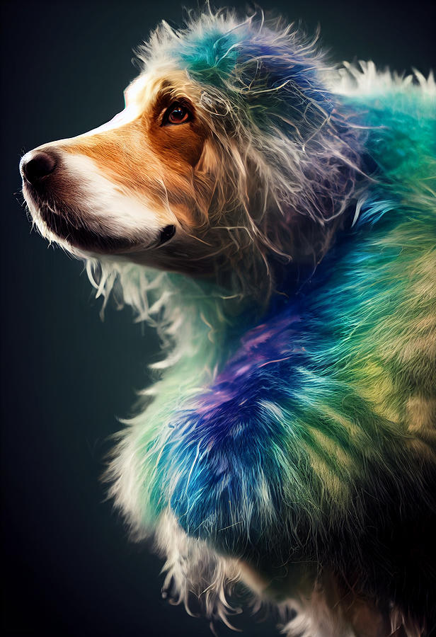 Bio-Mechanical Dog Iridescent Fur Olive Azure Sci-Fi Futuristic Weathered Well-Worn Cinematic ...