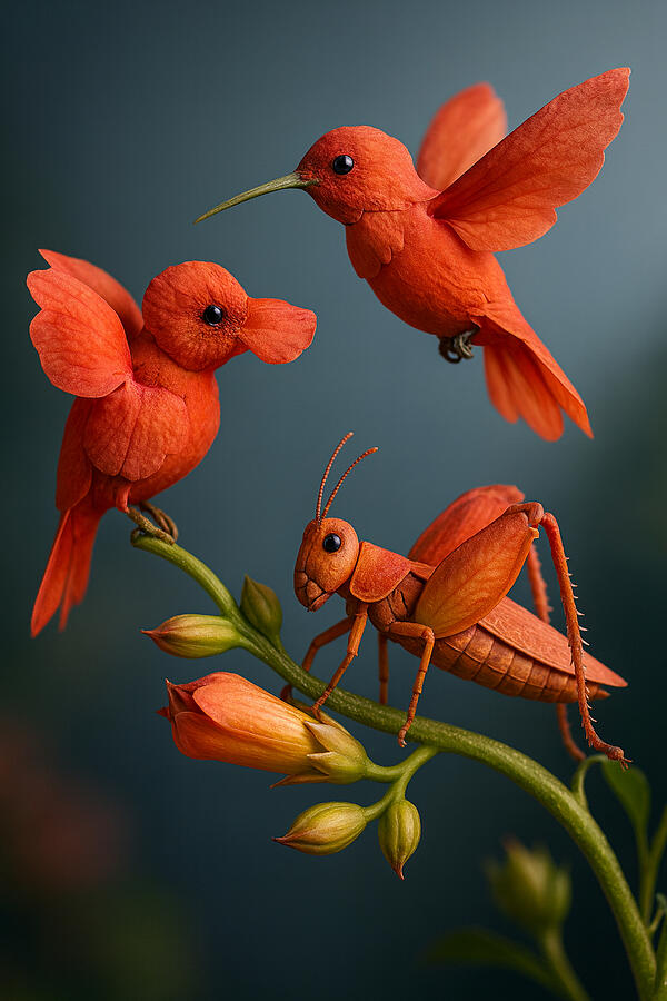 Birds and Grasshopper made from Trumpet Flowers Digital Art by Sandra ...