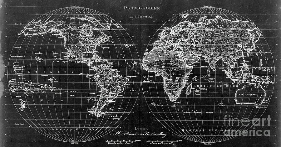 Black and White World Map 1827 Inverse Painting by Moore Bruce - Pixels