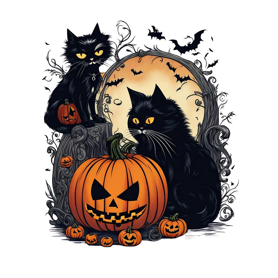 Black Cats And A Jack-o'-lantern On A White Background Artwork F ...