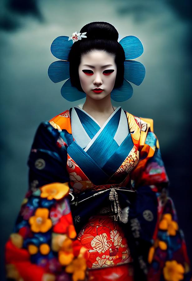 Blue Geisha 001 Digital Art by Bart Hugo Knight - Pixels