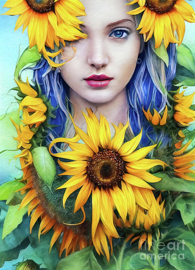 Sunflower Goddess With Blue Hair Digital Art by Tina LeCour - Pixels