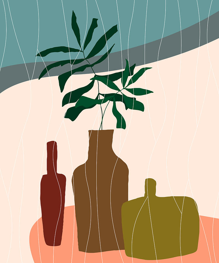 Boho Vases And Palm Leaf Canvas Print, Floral Ornament Elements In Boho Style, Plant In Pot Art ...