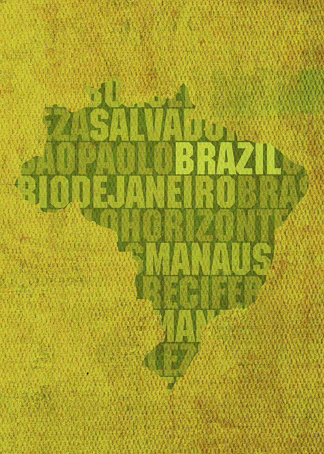 Brazil Country Word Map Typography on Distressed Canvas Mixed Media by ...