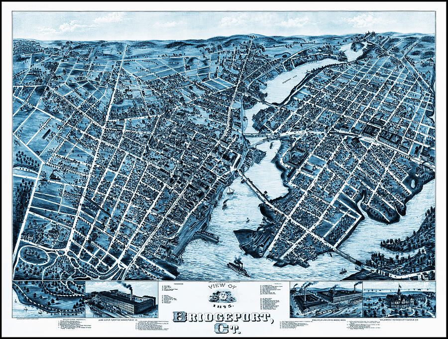 Bridgeport Connecticut Vintage Map Birds Eye View 1875 Blue Drawing by ...