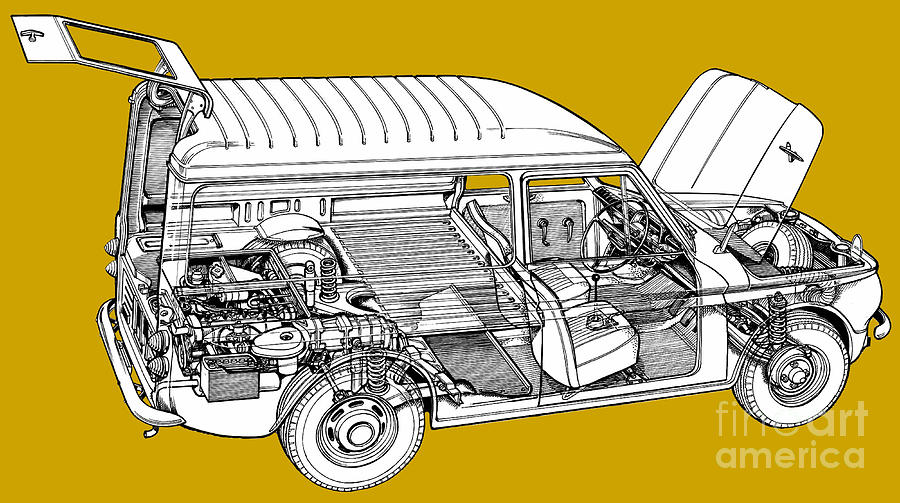 British commercial car Commer IMP Van. Cutaway art Drawing by Vladyslav ...