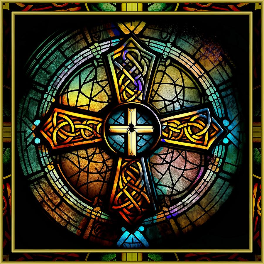Celtic Cross with Ancient Runes in Leaded Glass Digital Art by Patricia ...