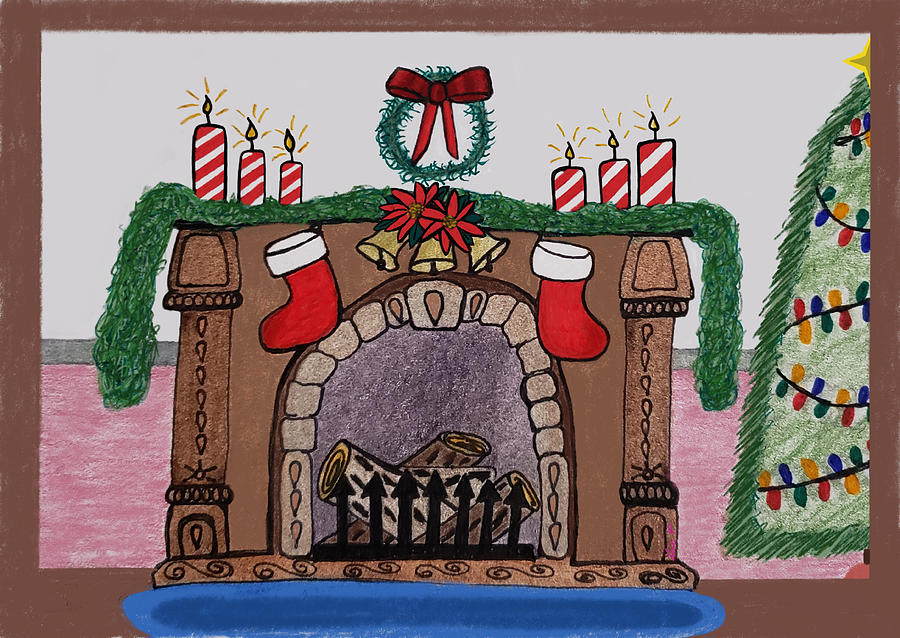 Christmas Fireplace Drawing by Lina - Fine Art America