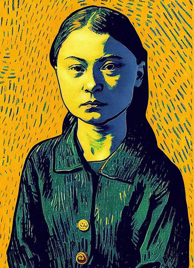 cluse up portrait of Greta Thunberg by van gogh 09aa9860 198b 88d5 8da8 883cc6390986 Painting by ...
