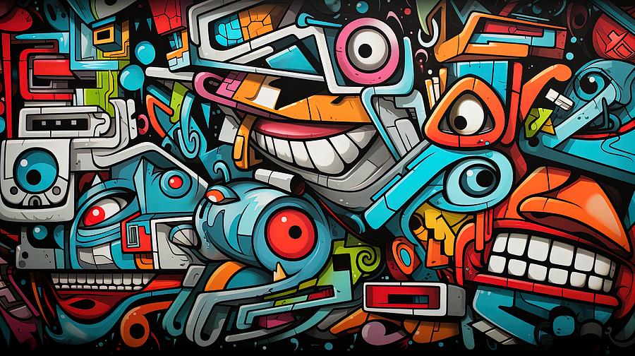 Colorful graffiti mural of various objects and faces Digital Art by Kaleem Ullah - Fine Art America