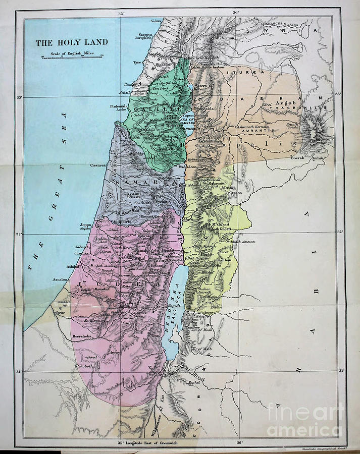Coloured Map of the Holy Land 1897 e1 Drawing by Historic illustrations ...