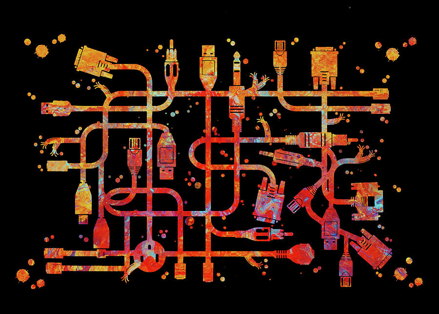 Computer Network Science Art Print Plugs And Wires Watercolor Poster ...