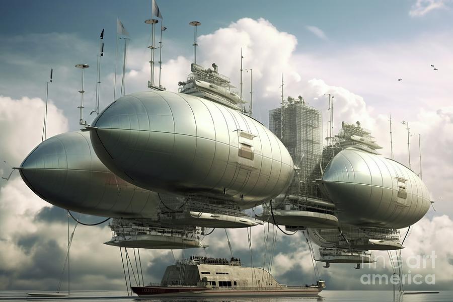 Conceptual design of future airships, zeppelins soaring through the air ...