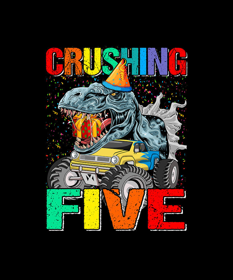Crushing Five Birthday Monster Truck Dinosaur, Monster Truck Fifth Birthday Boy 5 Drawing by ...