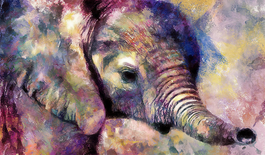 Cute baby elephant colorful close up portrait in violet hues - digital ...