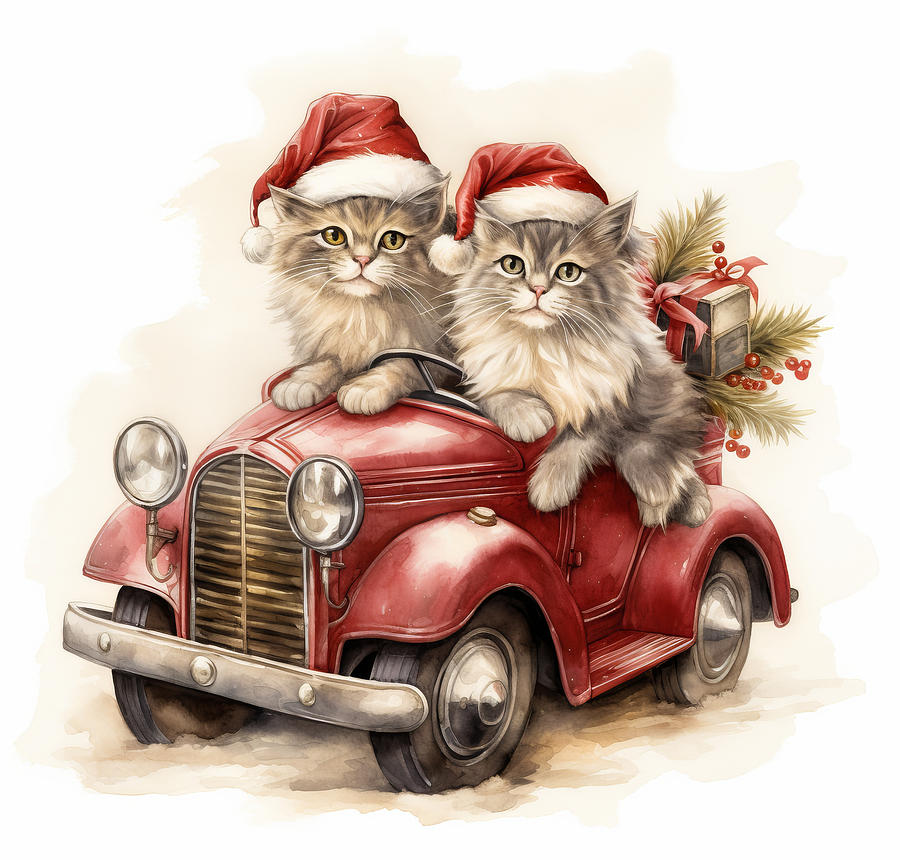 Cute cats in red car on Christmas day Digital Art by Margaret Wiktor - Fine Art America