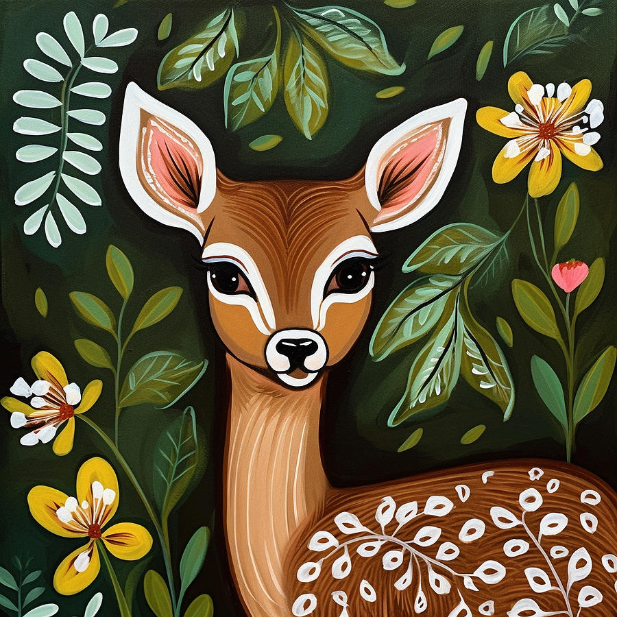 Cute Fawn with Leaves and Flowers Digital Art by Sheryl Karas - Fine Art America