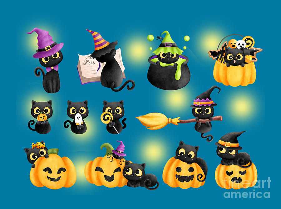 Cute Halloween black cats Digital Art by Arkitekta Art - Pixels