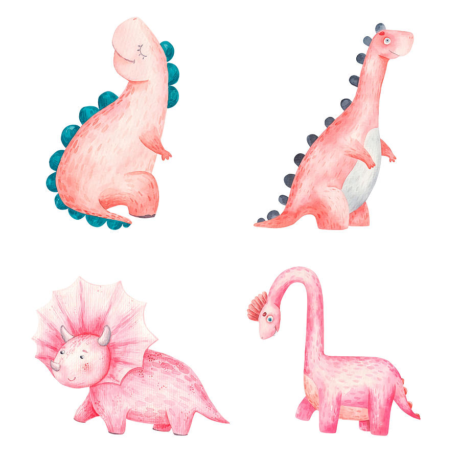 Cute pink dinosaur watercolor illustration pack Painting by Murphy ...