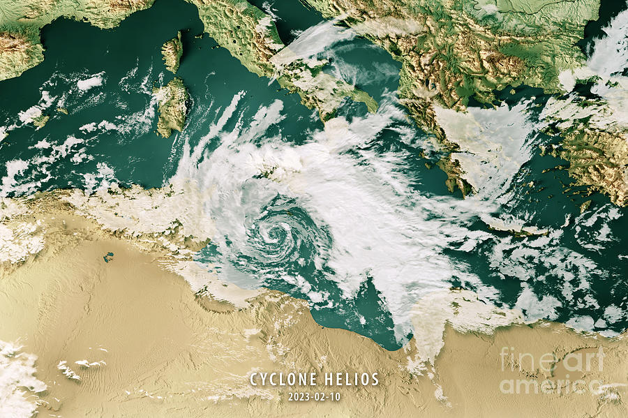 Cyclone Helios 2023 Cloud Map Mediterranean Sea 3D Render Color Digital Art by Frank Ramspott ...