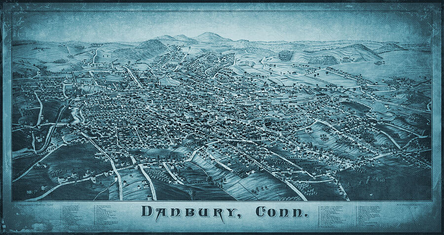 Danbury Connecticut Vintage Antique Map Birds Eye View 1884 Blue Photograph by Carol Japp - Fine ...