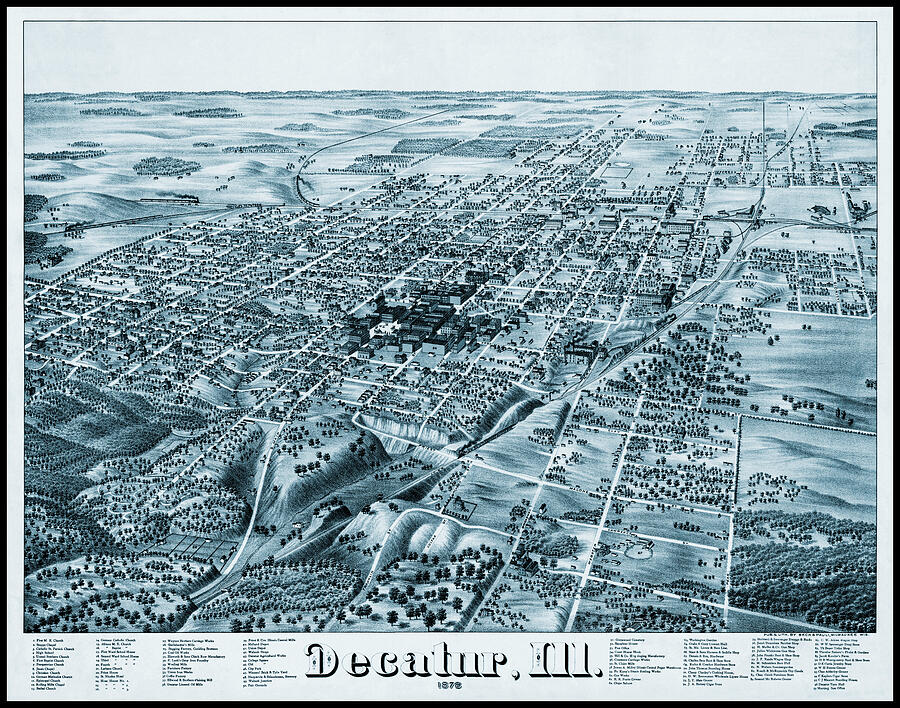 Decatur Illinois Vintage Map Birds Eye View 1878 Blue Photograph by ...