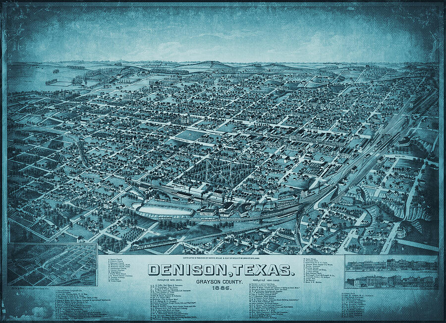 Denison Texas Vintage Map Birds Eye View 1886 Blue Photograph by Carol ...