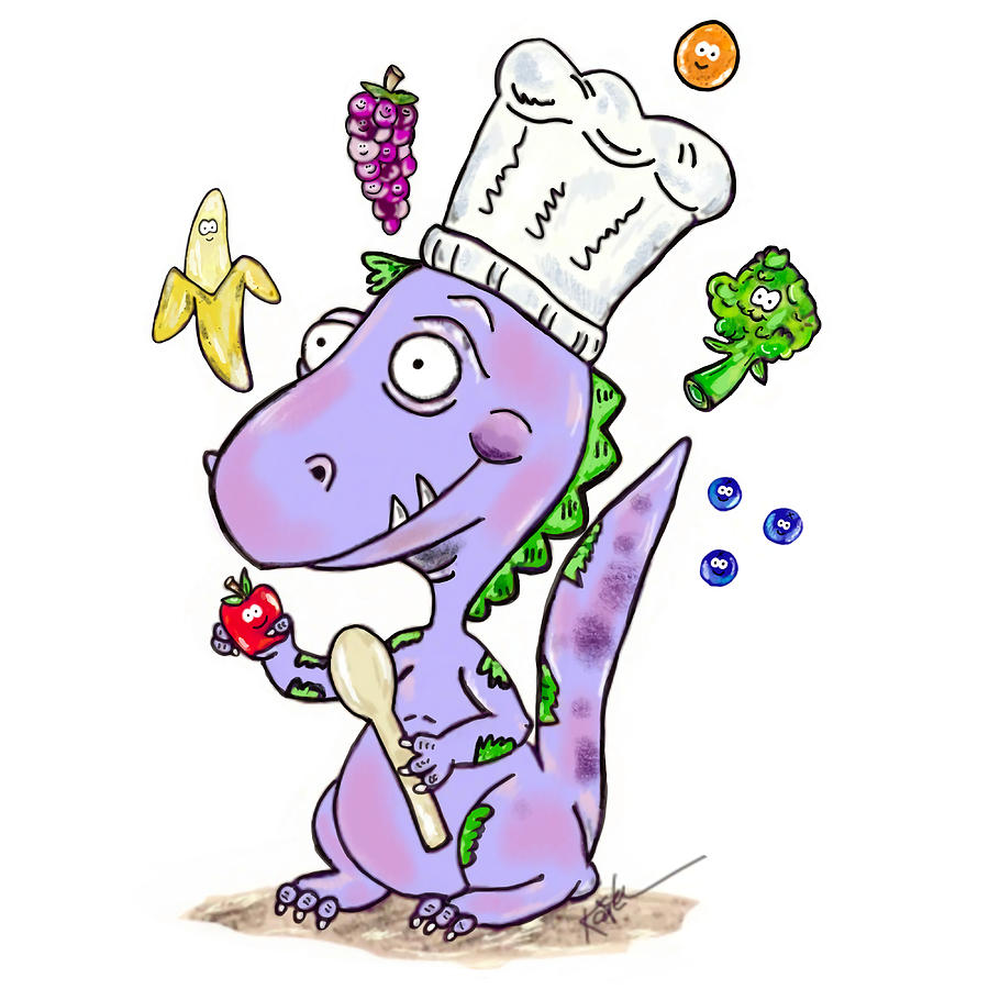 Dinosaur chef cute cartoon Dinosaur with fruits Painting by Alan Maria ...