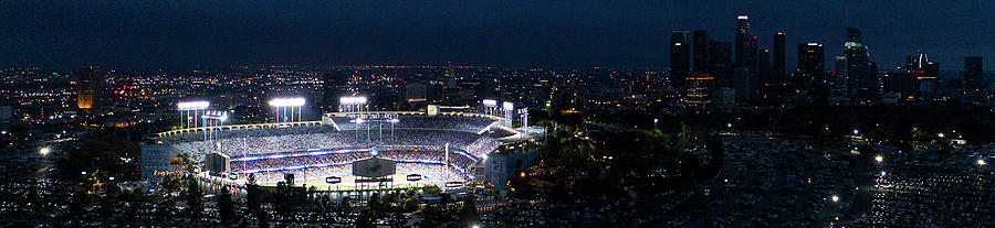 Dodger Stadium and downtown LA at night Photograph by Chris Odom - Pixels