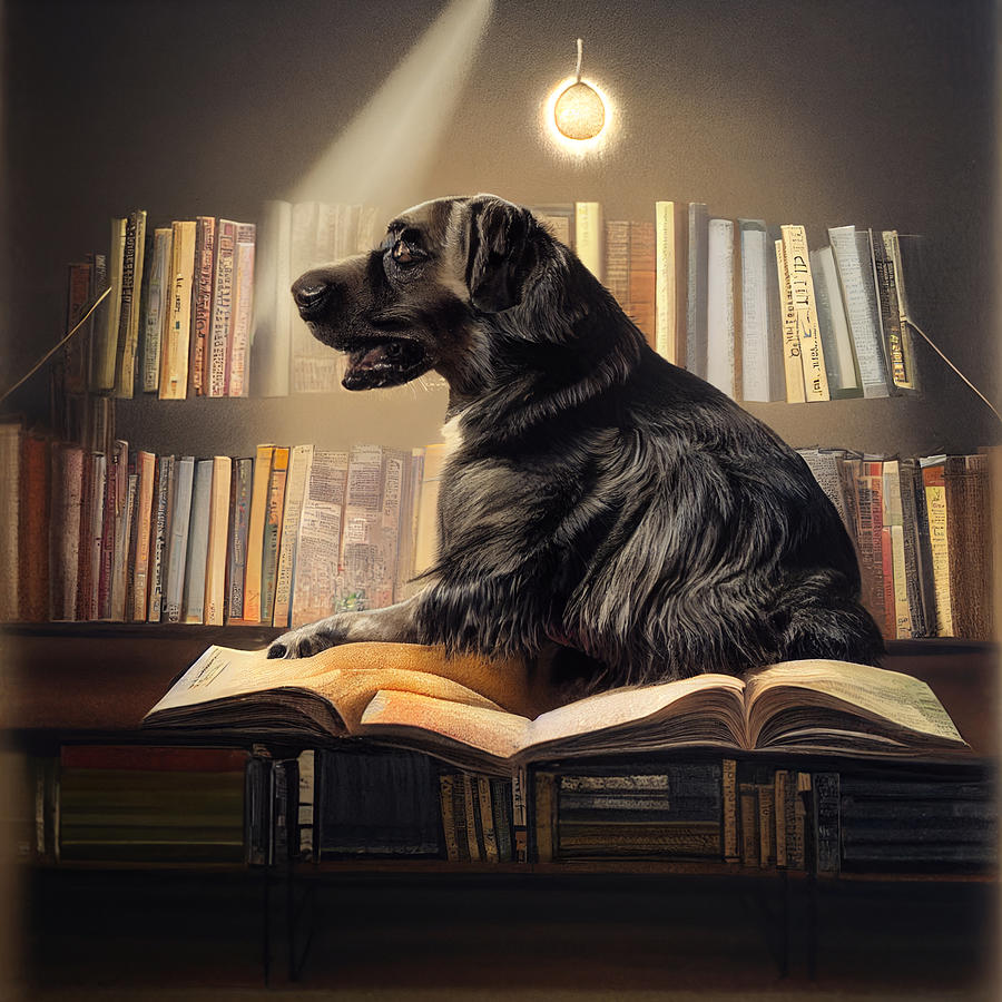 Dog reading book in library photorealism dusty sunrays fdc03314 8061 ...