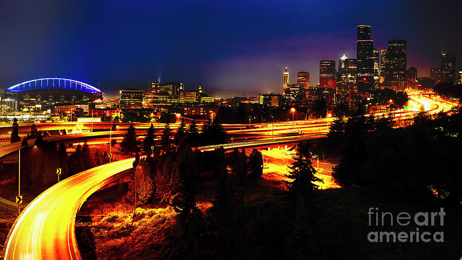 Downtown Seattle At Night with Freeways Passing Through Photograph by ...