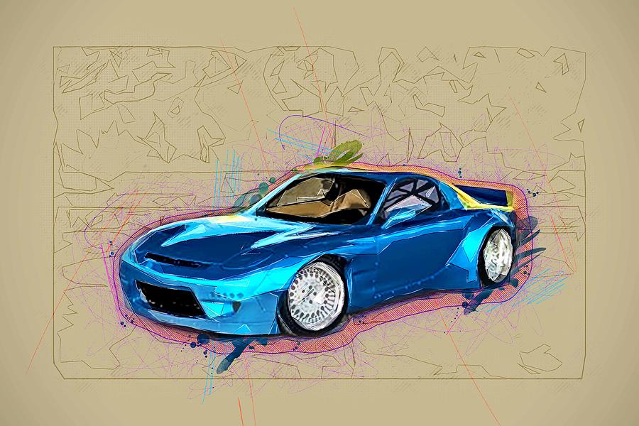 Drawing Mazda Rx 7 Blue Sports Coupe Tuning Luxury Wheels Japanese Car ...