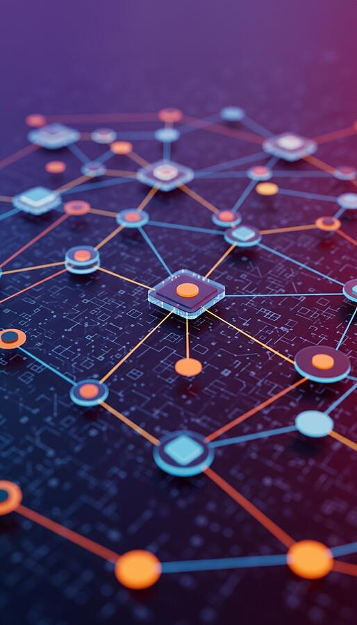 Embedding Model Visualization Glowing Node Network on Blue Purple, Data Interconnectedness Tech ...