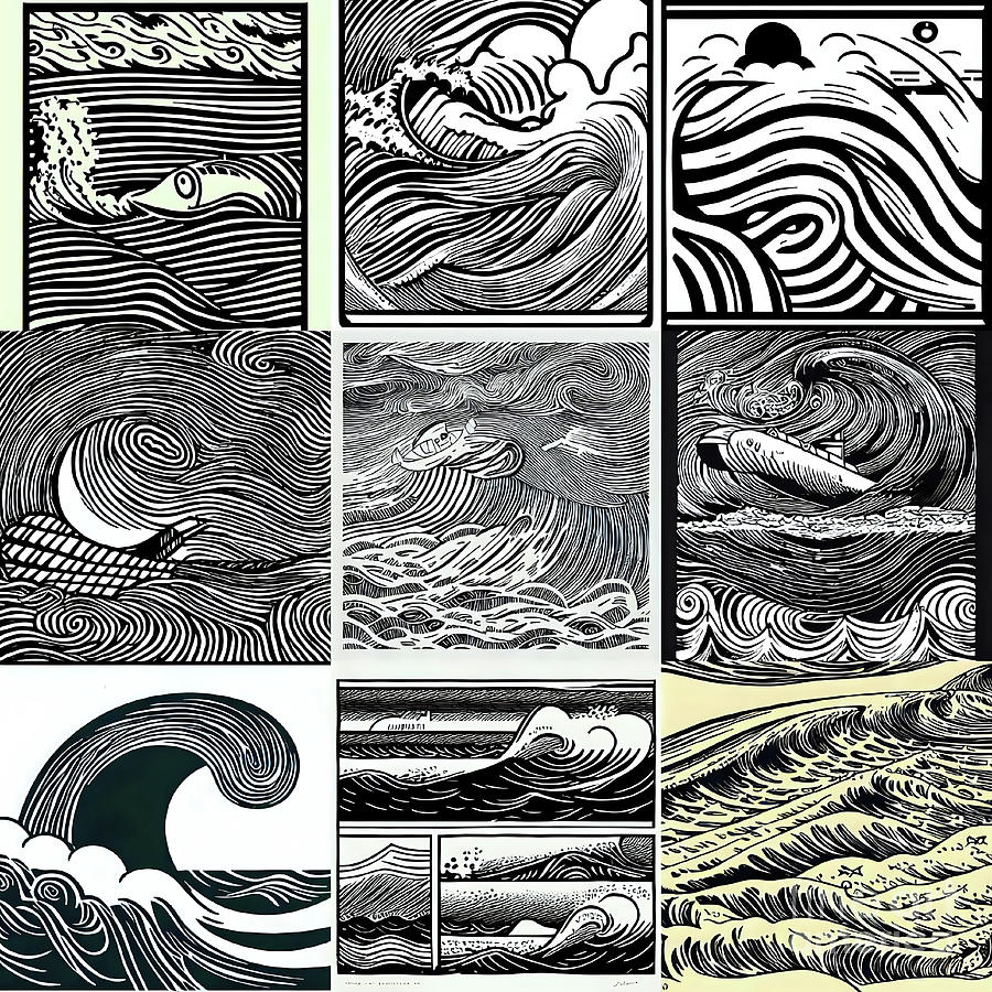 Eternal Harmony-A Series of 9 Black and White Drawings of Waves ...