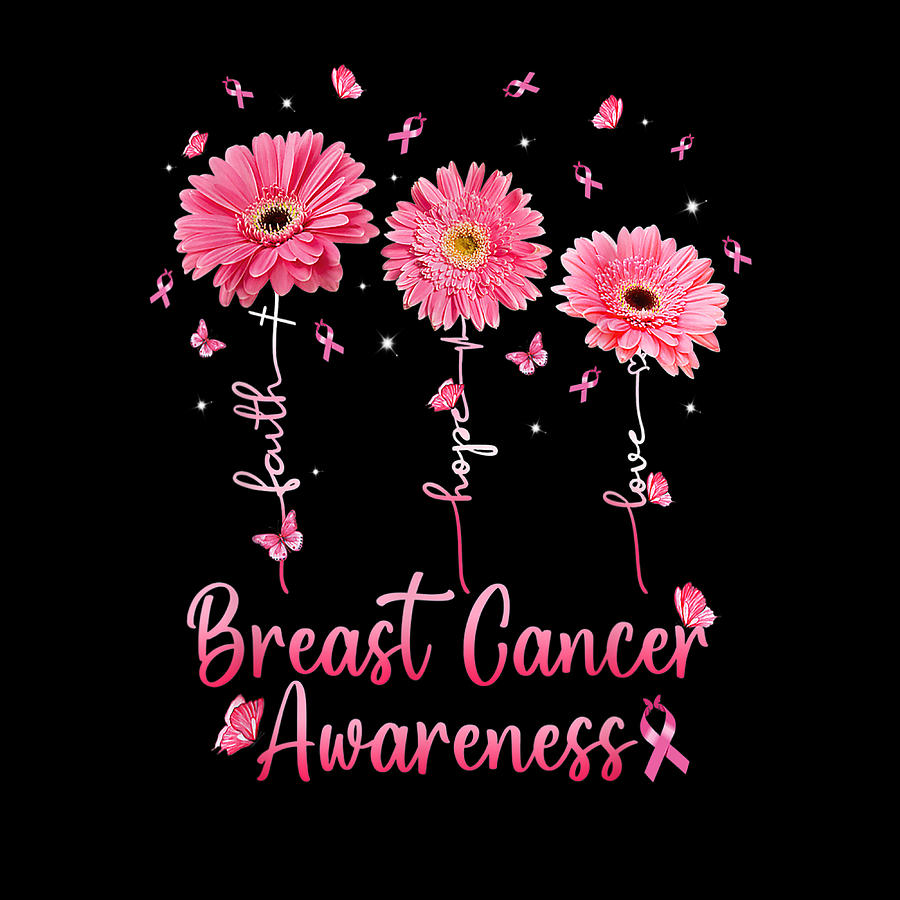 Faith Hope Love Pink Ribbon Flowers Breast Cancer Awareness Digital Art