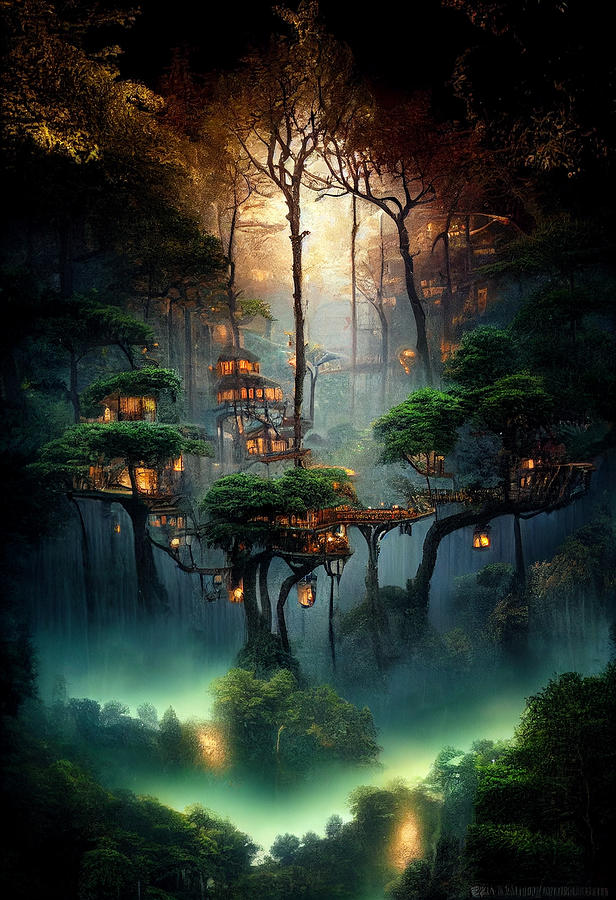 Fantasy Treetop Boardwalk Village Feywild Intricate Aerial Paths ...