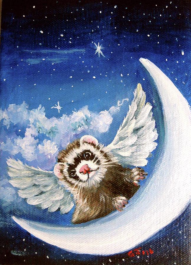 Ferret Angel And Moon Sky Painting by Ginger Jamerson