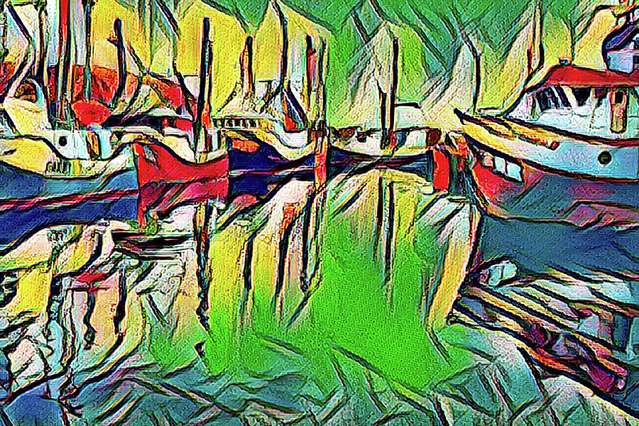 Fishing boats water reflections abstract Mixed Media by Tatiana ...