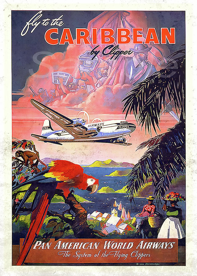 Fly to The Caribbean Pan American World Airlines Vintage Retro Travel Poster Mixed Media by ...