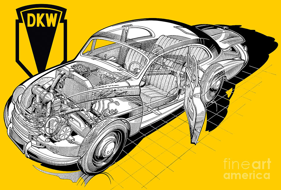 Germany vintage 2 door car DKW F89 P Meisterklasse Limousine. Cutaway art Drawing by Vladyslav ...