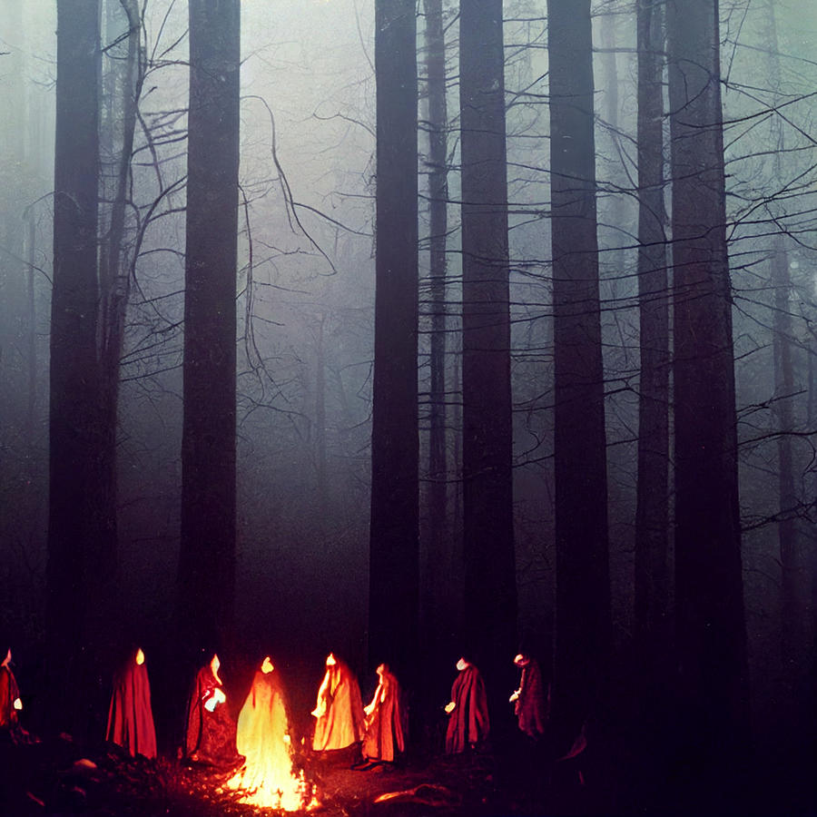 Grainy Vhs Found Footage Of A Ritual Sacrifice In The Forest Robed Figures Fire Praying Atmosphe