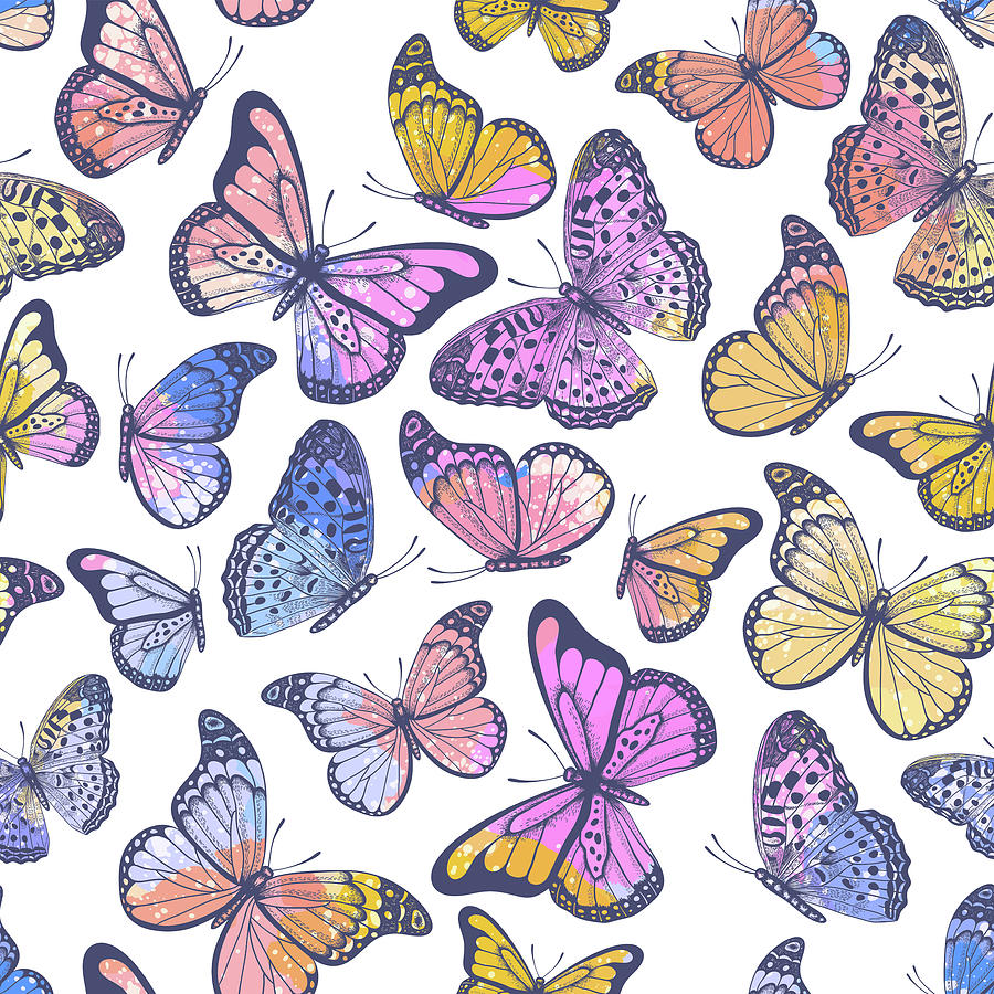 Hand drawn colorful butterflies seamless pattern Painting by Julien ...