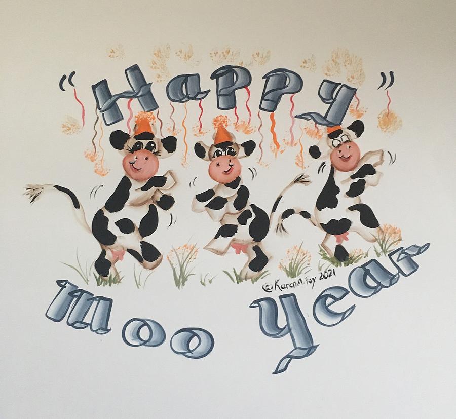 Happy Moo Year Painting by Karen Fay - Pixels