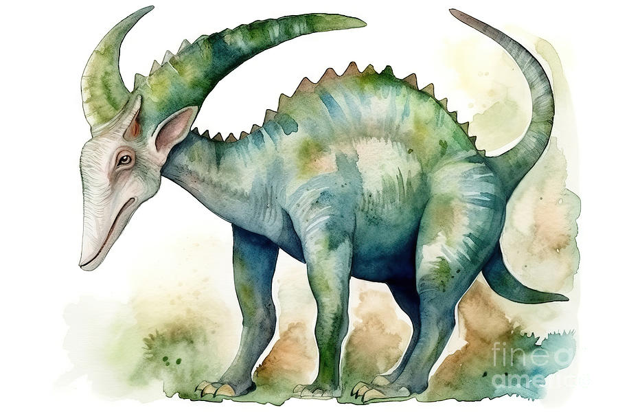 Herbivorous Parasaurolophus dinosaur watercolor illustration. Gr ...